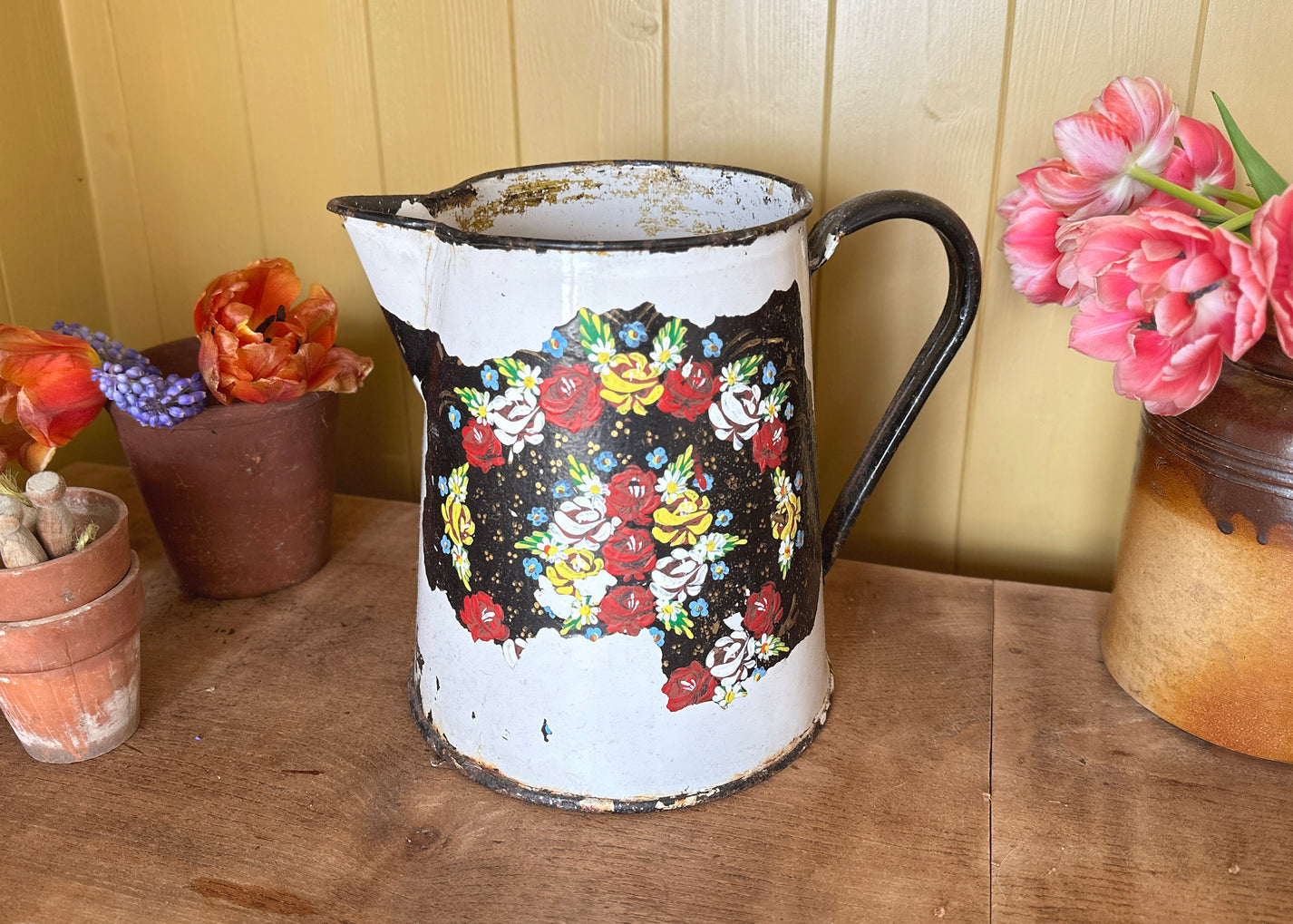 Large Enamel Jug, Canal Art Pitcher, Hand Painted Bargeware, Vintage ...