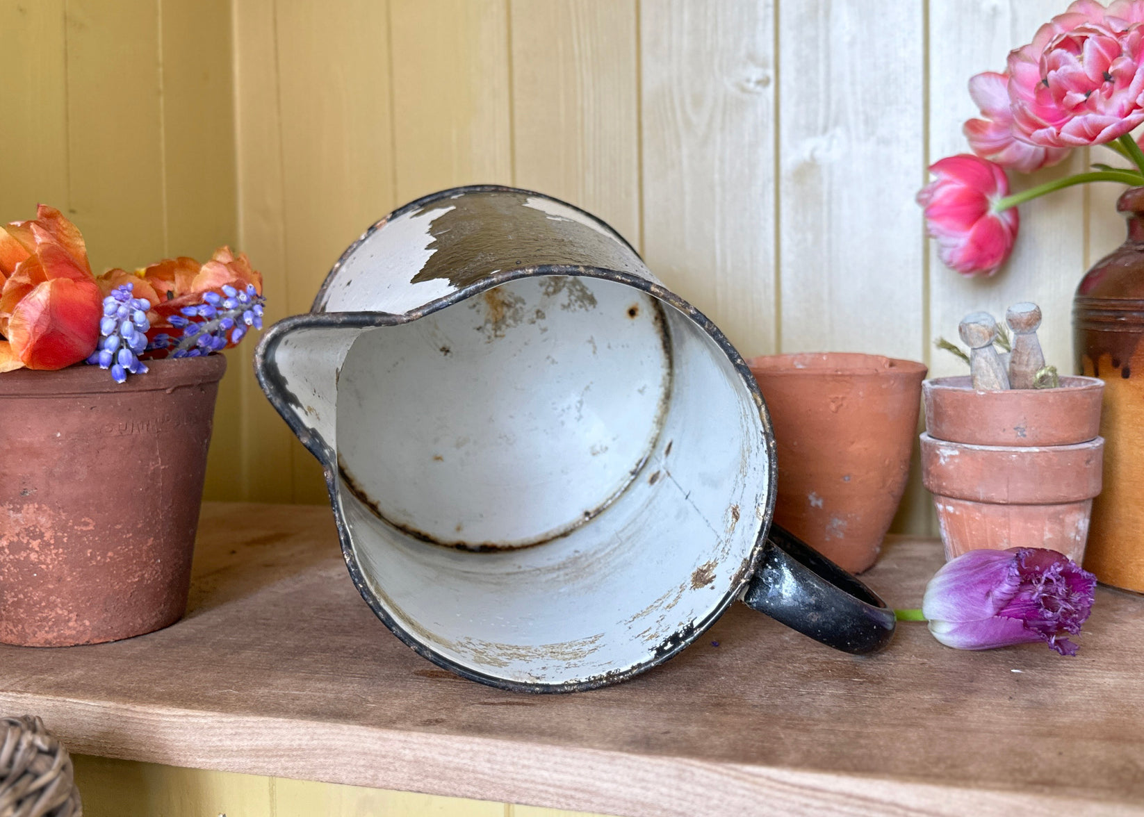 Large Enamel Jug, Canal Art Pitcher, Hand Painted Bargeware, Vintage ...